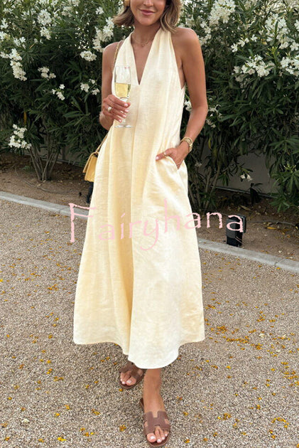 Old Money Style Linen Blend Back Twisted Pocket A-line Midi Dress ...